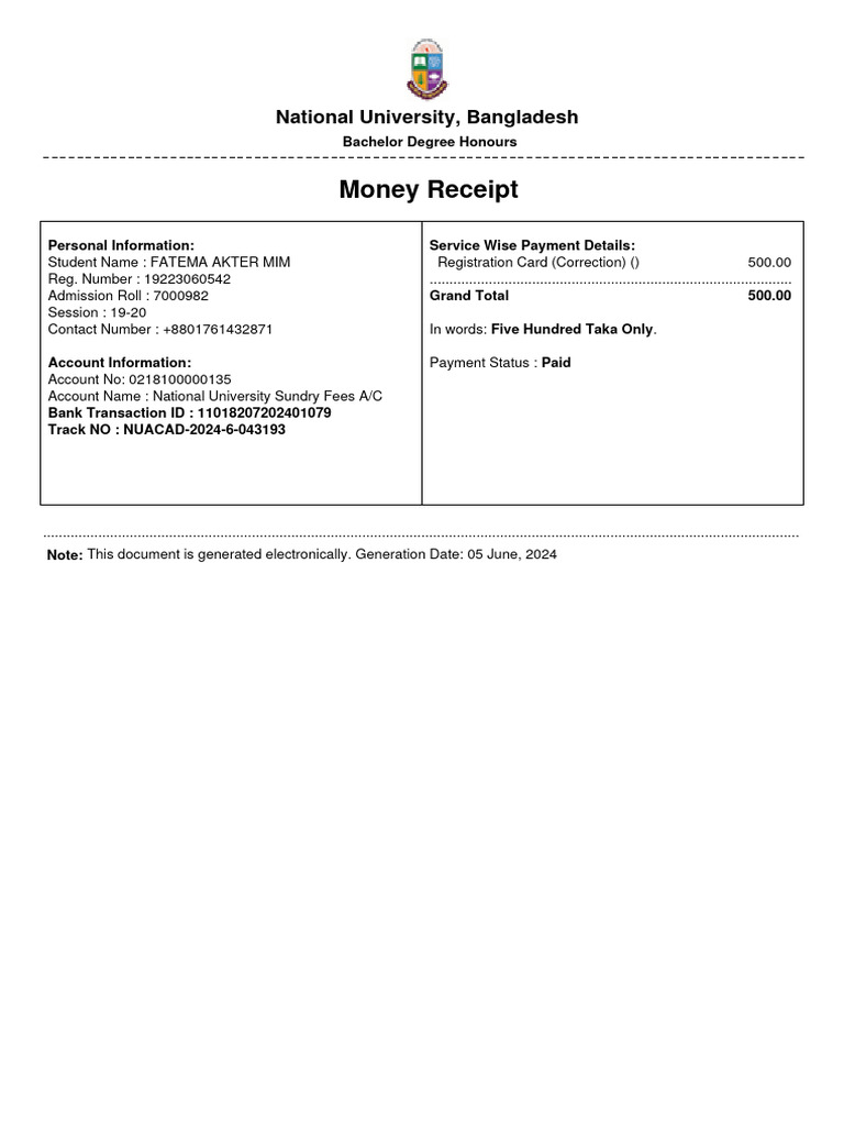 National University Payment Receipt | PDF