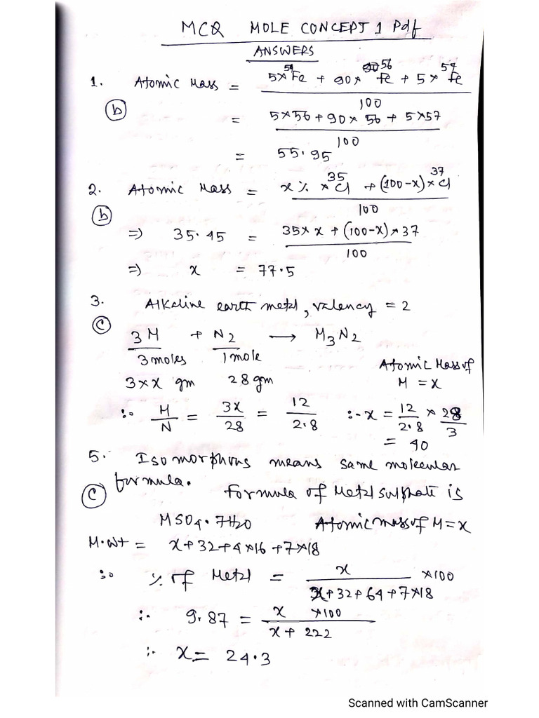 MCQ Mole Concept 1 PDF Answers | PDF