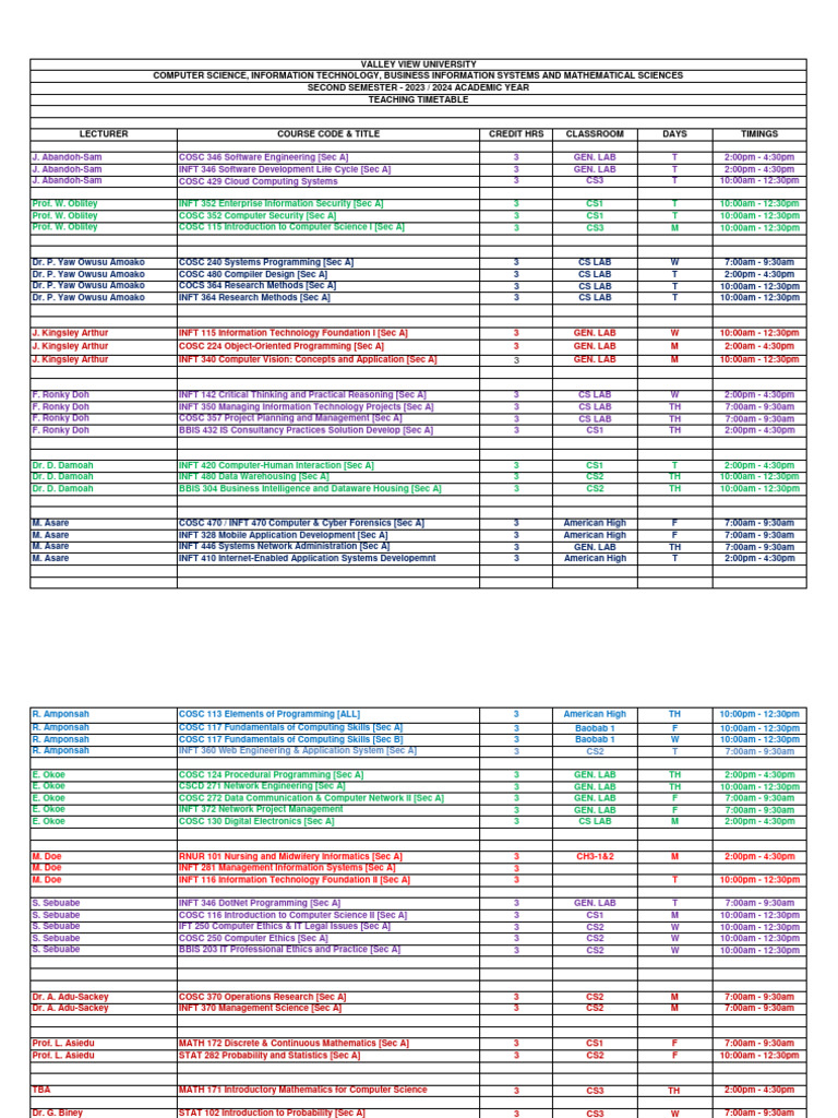 VVU 2023/24 Computer Science Timetable | PDF | Mathematics | Computing
