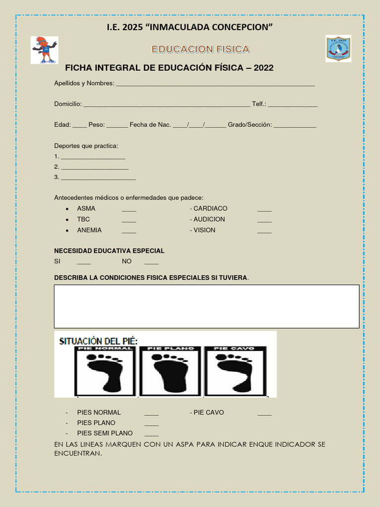 I.E. 2025 "Inmaculada Concepcion": Ficha Integral de Educación Física - 2022 | PDF | Índice de ...