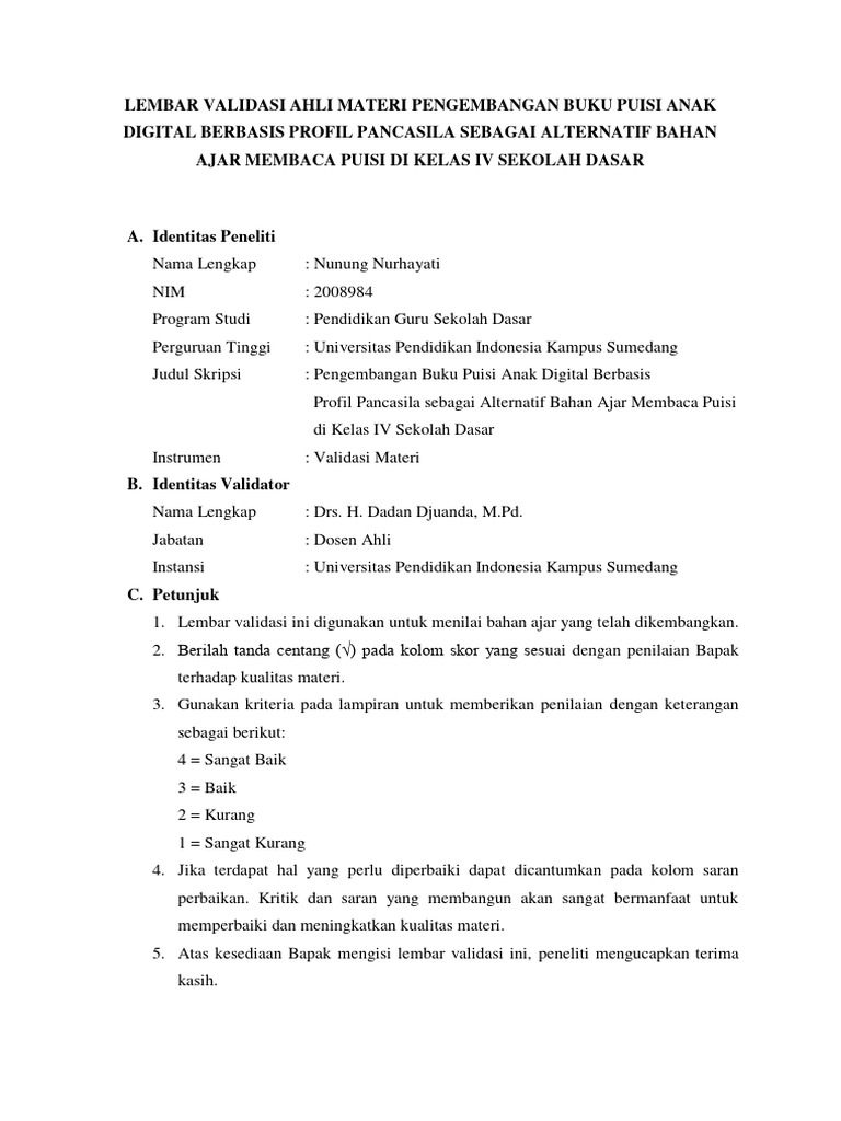 Lembar Validasi Ahli Materi Pdf