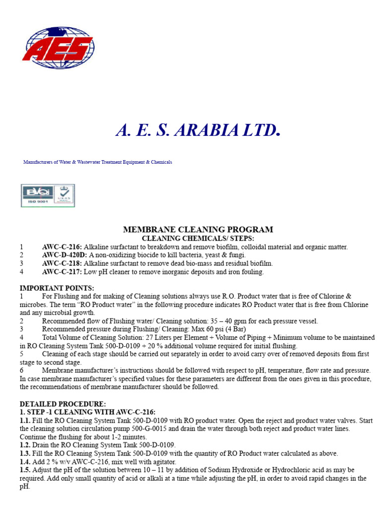 Membrane Cleaning Procedure | PDF | Membrane | Water