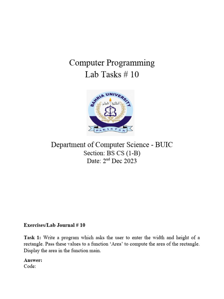 Computer Programming Lab Tasks 10 | PDF