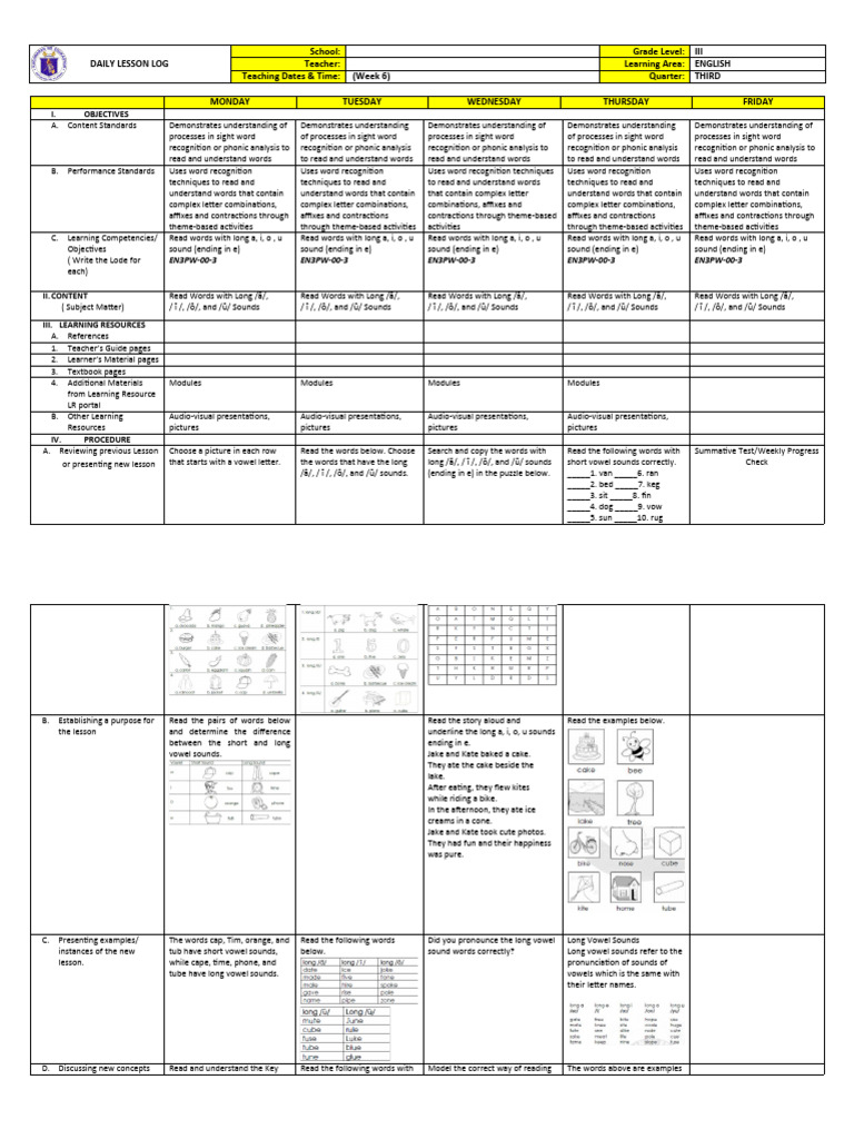 DLL_ENGLISH 3_Q3_C6_Read words with long a, i, o , u sound | PDF | Linguistics | Human Communication