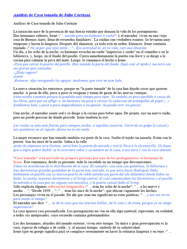 Análisis de Casa Tomada de Julio Cortázar | PDF | Cuentos