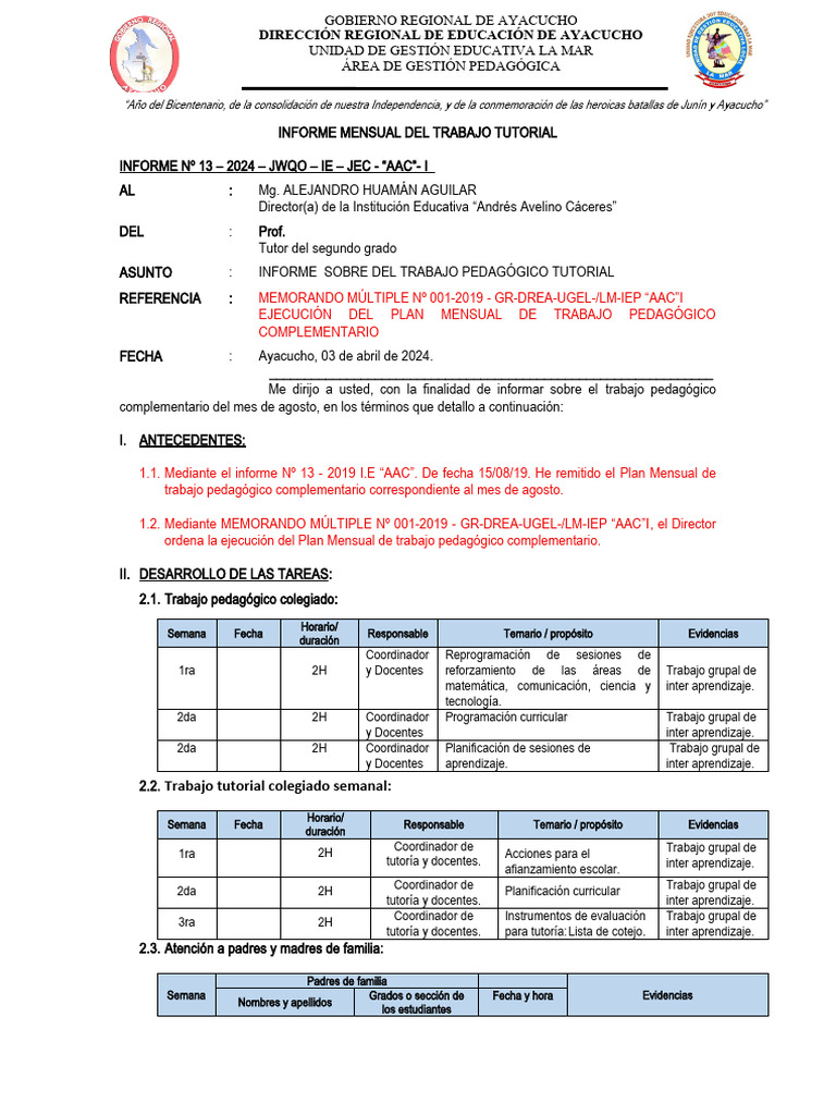 Informe Mensual de Trabajo Tutorial 2024 | PDF | Aprendizaje | Conceptos psicologicos