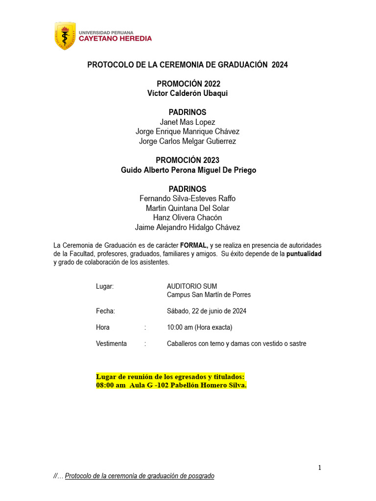 Protocolo de Ceremonia de Egresados y Titulados Posgrado Junio 2024 Final | PDF | Odontología ...