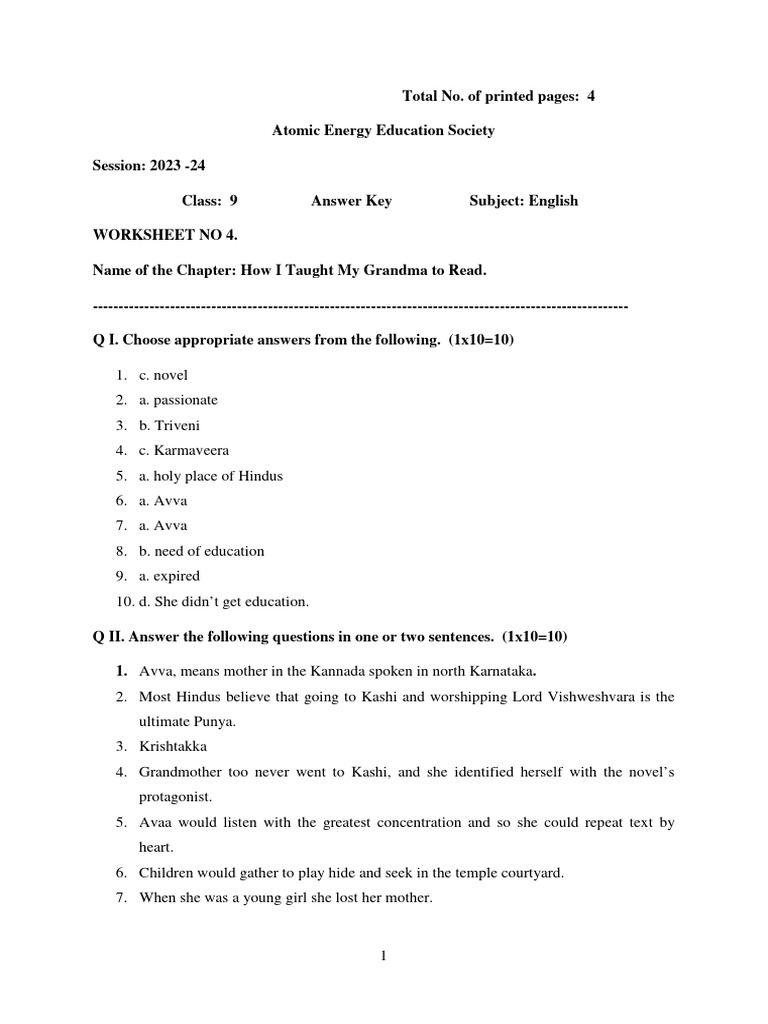 Class 9 English Worksheet Answer Key | PDF | Literacy