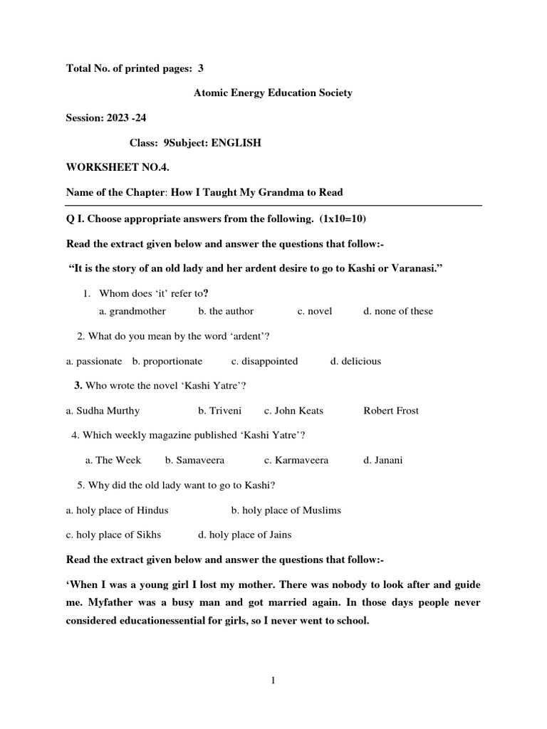 Class 9 English Worksheet -4 | PDF