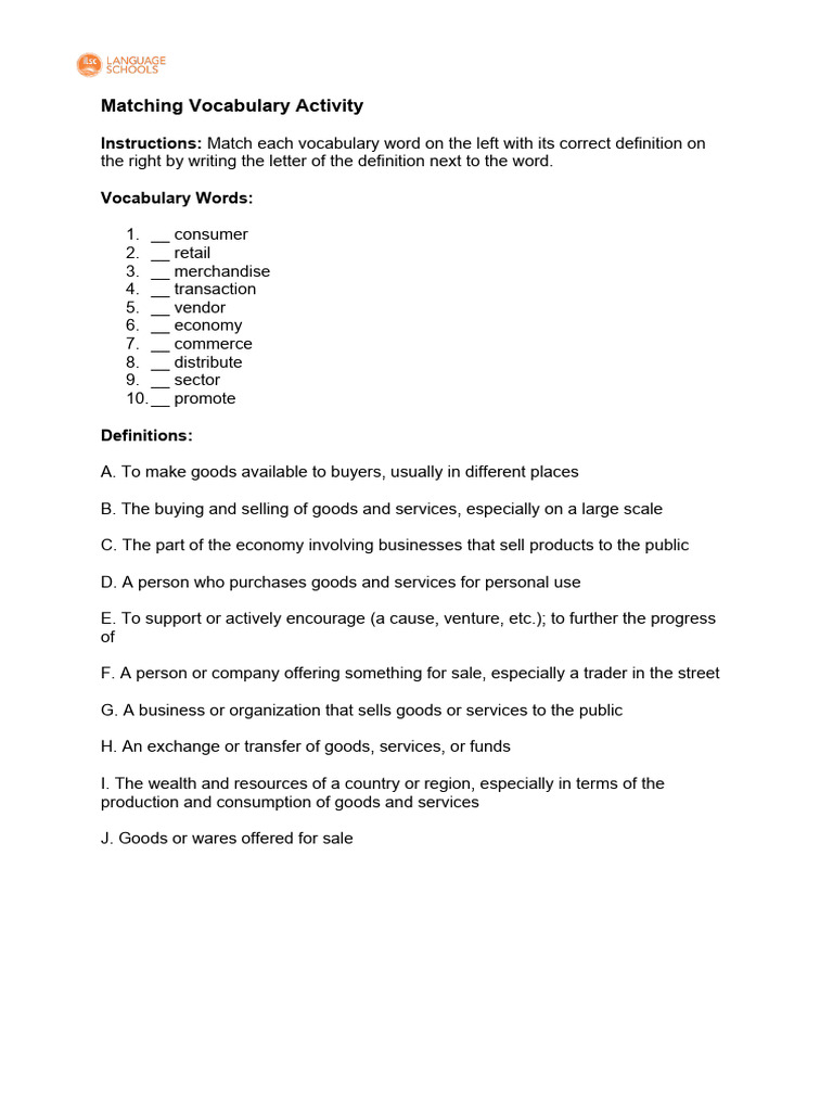 Vocabulary Matching Activity Guide | PDF | Market (Economics) | Retail