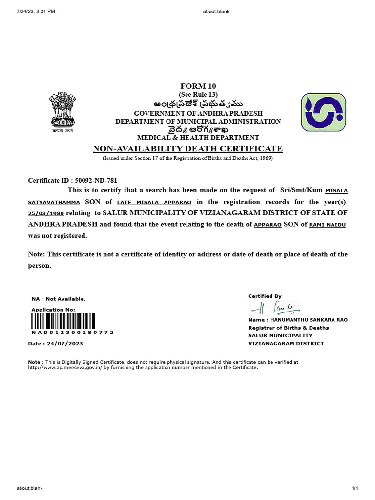 Non-Availability Death Certificate: Form 10 | PDF | Authentication | Access Control