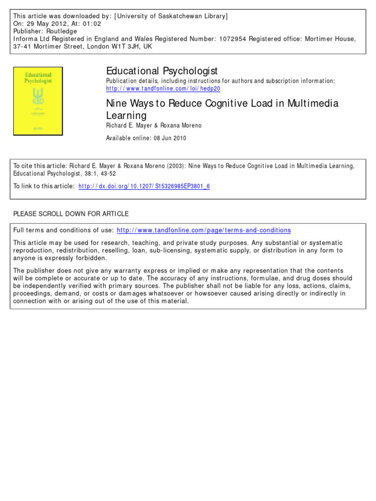 PAPER Nine Ways To Reduce Cognitive Load in Multimedia Learning | PDF ...
