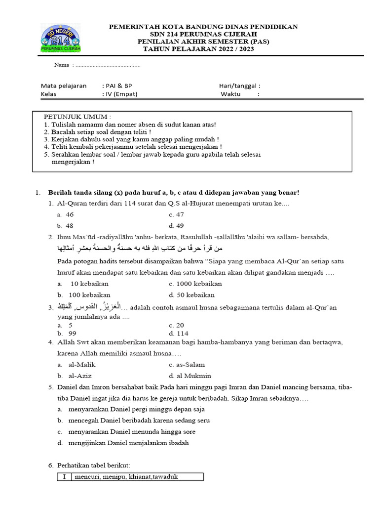 Soal Sas Kelas IV 2022-2023 | PDF