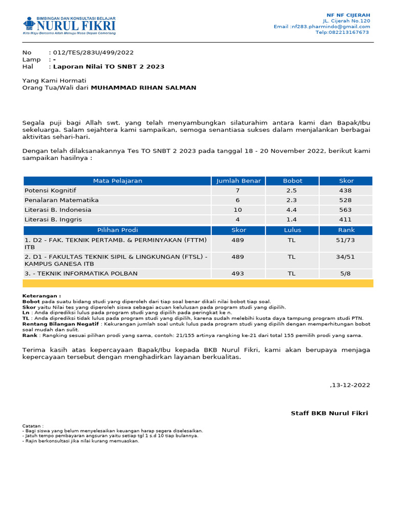 Muhammad Rihan Salman To SNBT 2 2023 | PDF