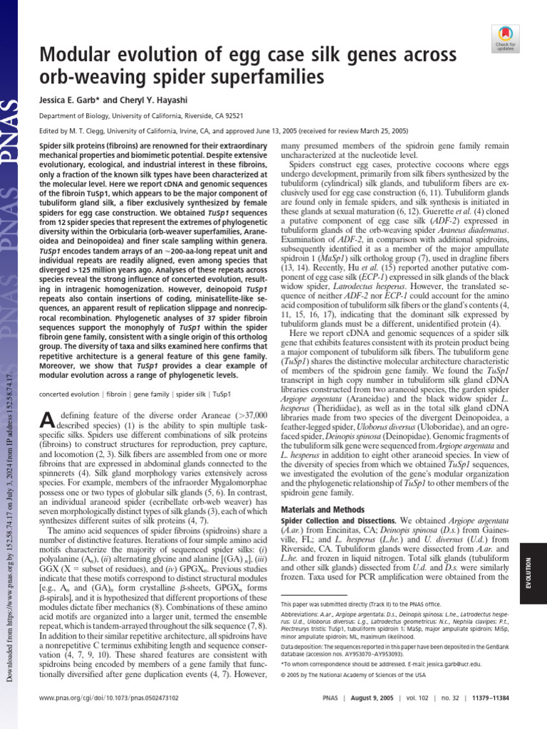 Garb Hayashi 2005 Modular Evolution of Egg Case Silk Genes Across Orb Weaving Spider ...