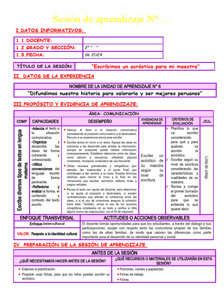 Sesión Escribimos Un Acróstico para Mi Maestra 2° Maestra Janet | PDF | Aprendizaje | Palabra