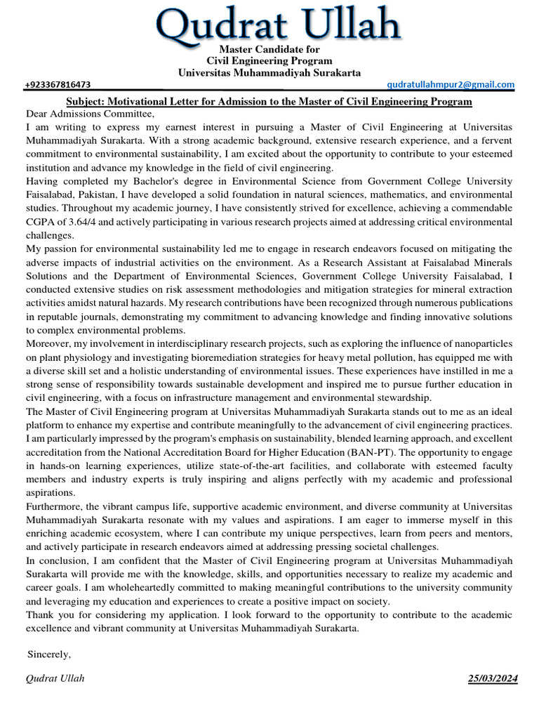Motivational Letter Civil Engineering UMS | PDF | Engineering | Civil ...