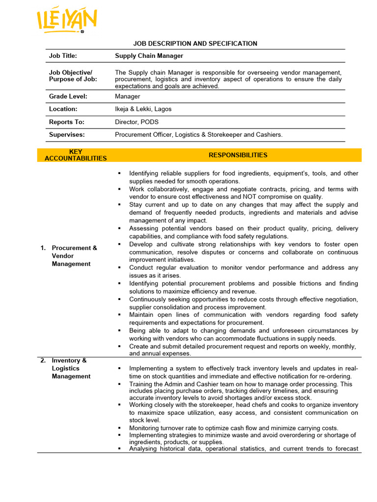 Supply Chain Manager - Job Description & Specifications | PDF | Supply ...