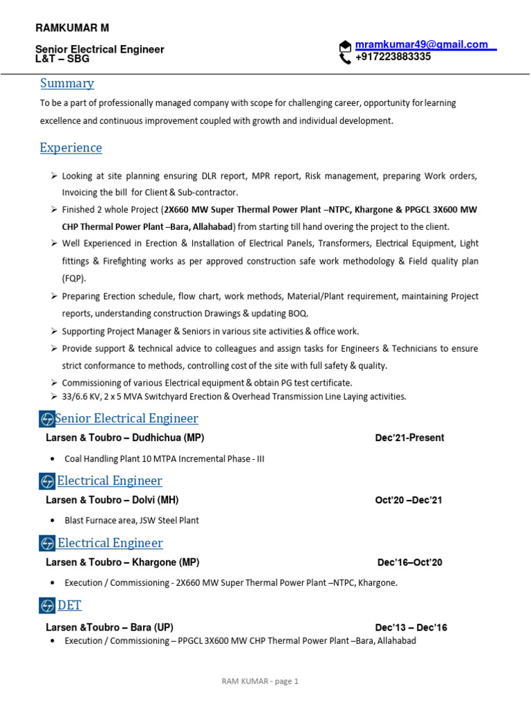 Ramkumar M Senior Electrical Engineer L&T - SBG +917223883335 | PDF | Power Station | Engineering