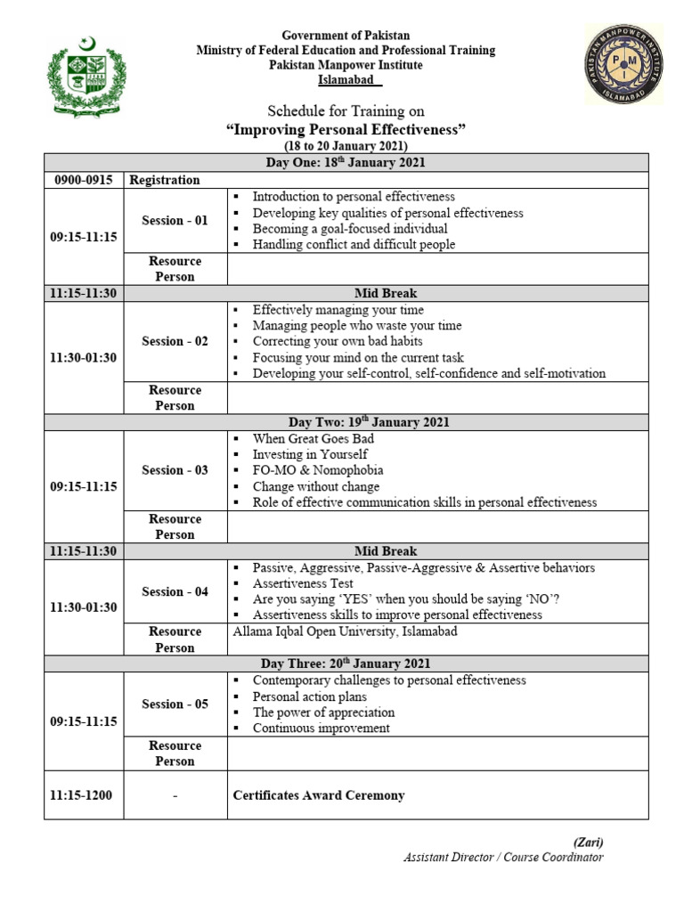 Personal Effectiveness Training Schedule | PDF | Psychological Schools ...