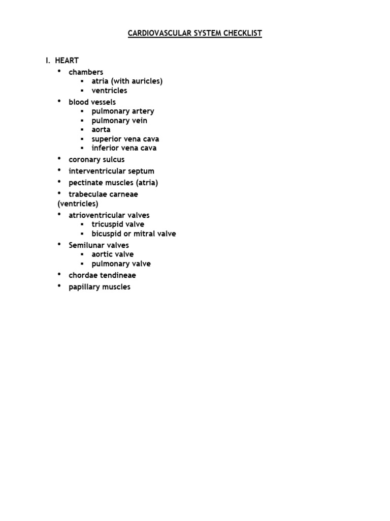 Cardiovascular System Checklist | PDF
