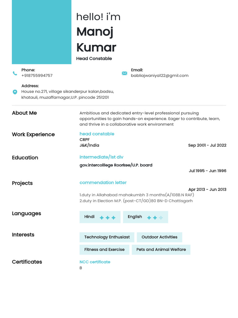Manoj Kumar - Head Constable Resume | PDF