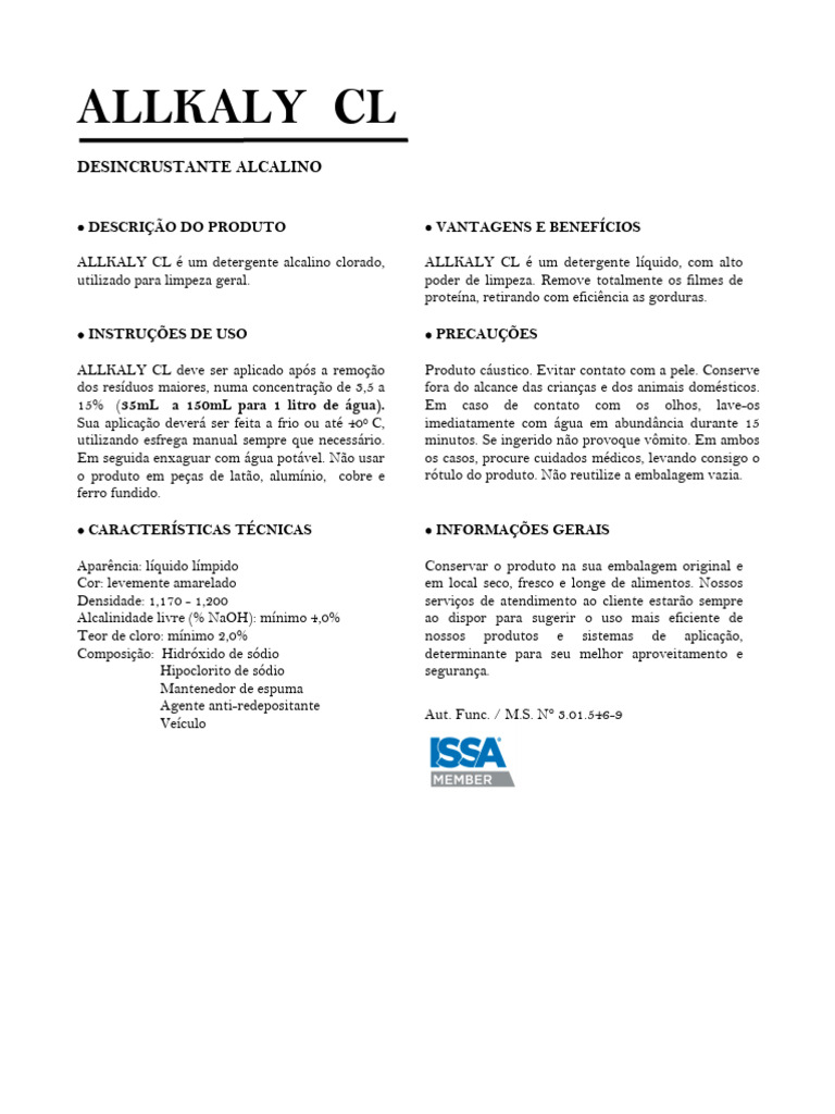 Detergente Alcalino ALLKALY CL: Uso e Segurança | PDF | Ciências e ...