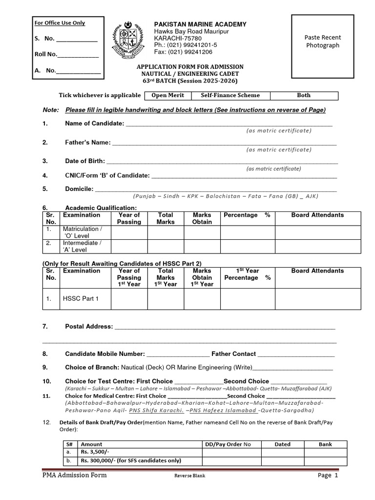 Admission Form 63rd Batch 2024 | PDF