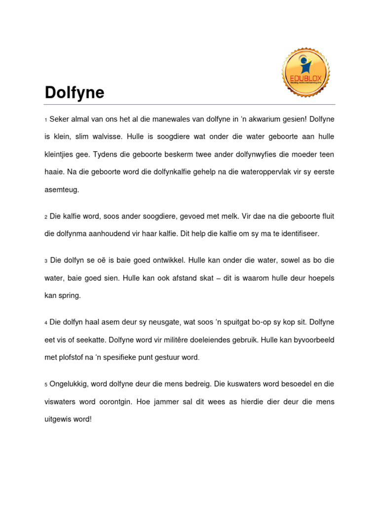 Afrikaanse-Begripstoets-Dolfyne | PDF