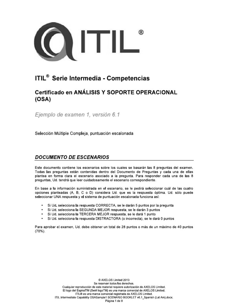 Itil Osa - Ejemplo de Examen 1 (Documento de Escenarios) | PDF