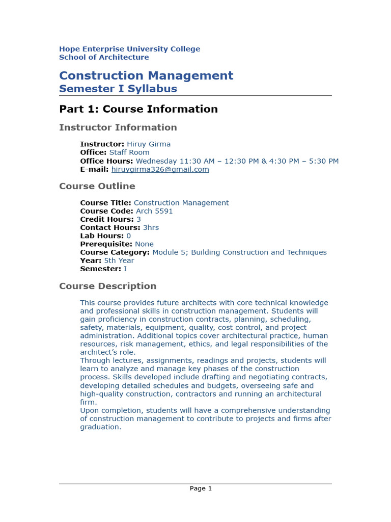 Construction Management Course Syllabus | PDF | Construction Management ...