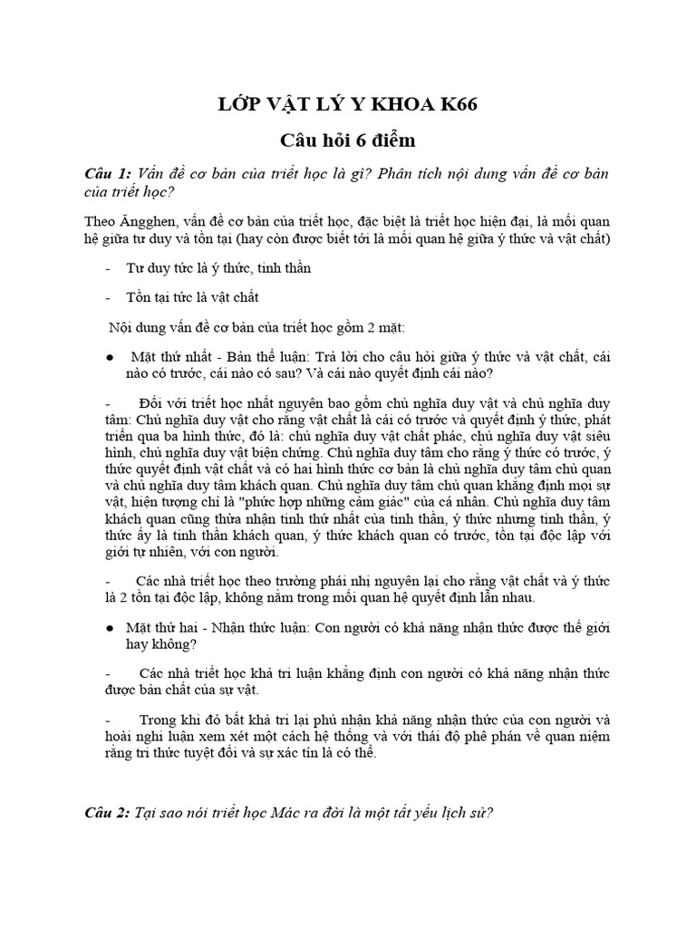 26 câu trả lời Lớp Vật lý Y khoa K66 | PDF