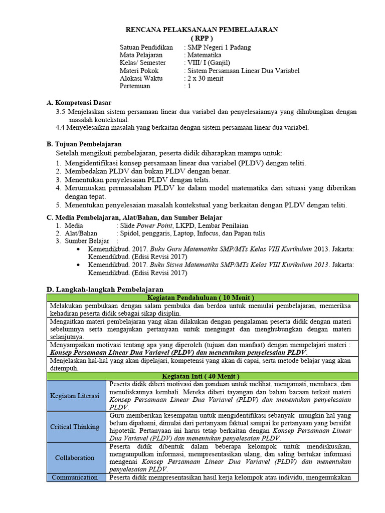 RPP KD 3.5 Sistem Linear Dua Variabel | PDF