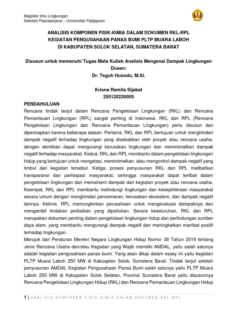 Analisis Komponen Fisik Kimia Dalam RKL RPL PLTP Muara Laboh | PDF