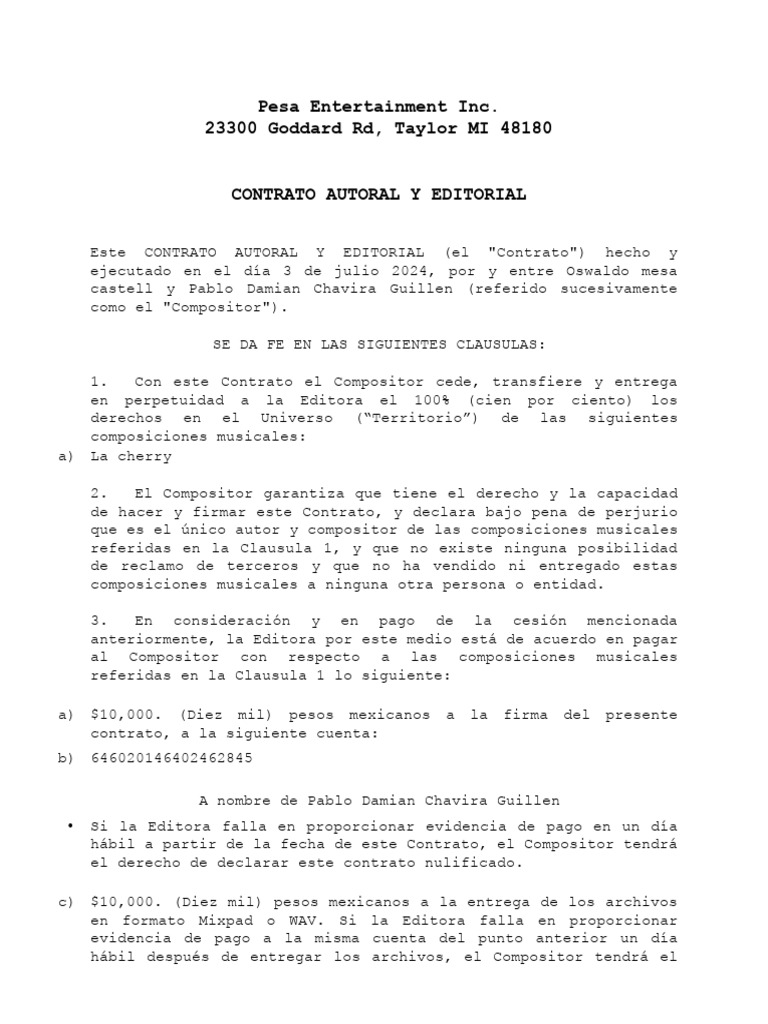 CONTRATO EDITORIAL - Pablo Damian Chavira Guillen - Firmad | PDF ...