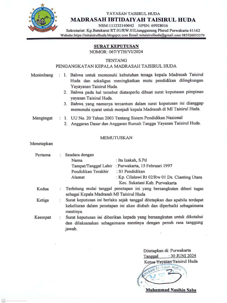 SK Pengangkatan Kepala Madrasah | PDF