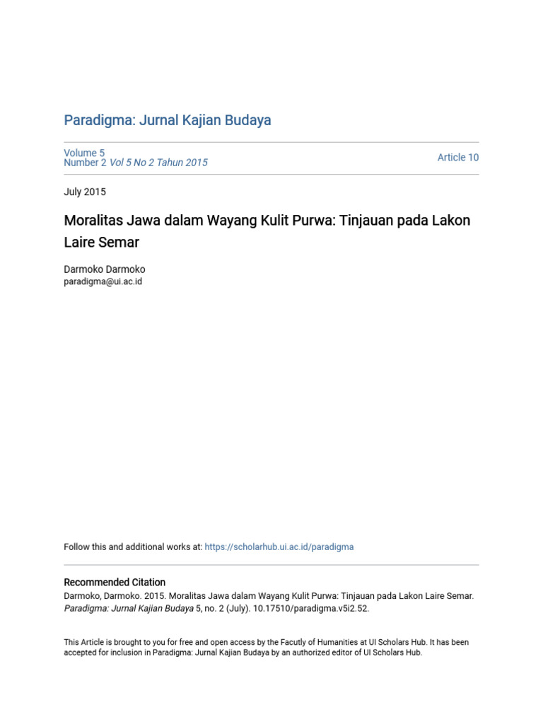 Moralitas Jawa Dalam Wayang Kulit Purwa_ Tinjauan Pada Lakon Lair | PDF Moralitas Jawa Dalam Wayang Kulit Purwa_ Tinjauan Pada Lakon Lair | PDF