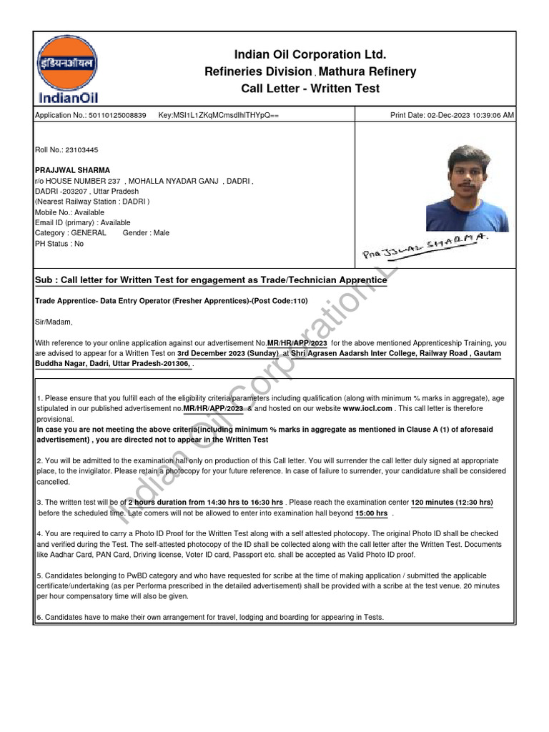 IOCL Call Letter 50110125008839 | PDF