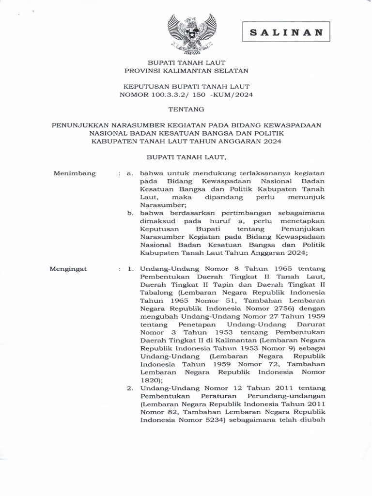 SK Penunjukan Narasumber Bid. Wasnas 2024 | PDF