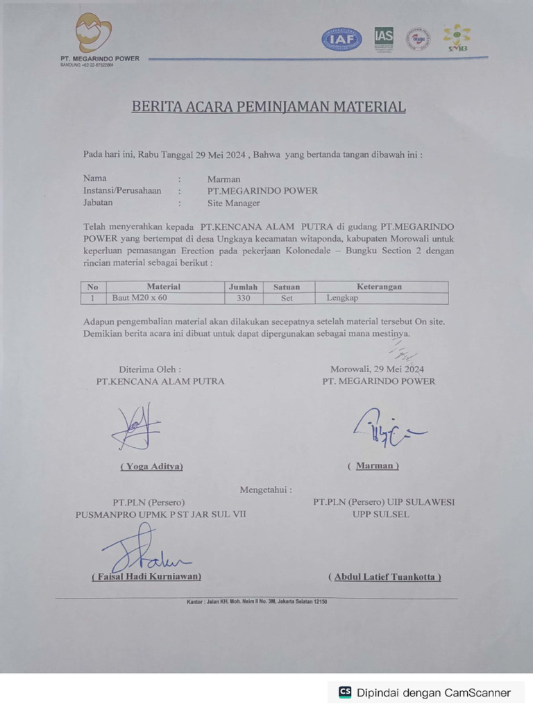 Berita Acara Peminjaman Baut Kolbung 1 | PDF