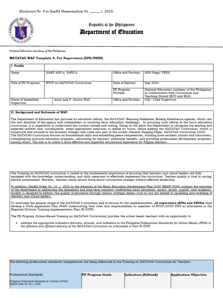 SAMPLE MATATAG-WAP-Template-4 4A 4B - For-EPS PSDS | PDF | Curriculum | Teachers