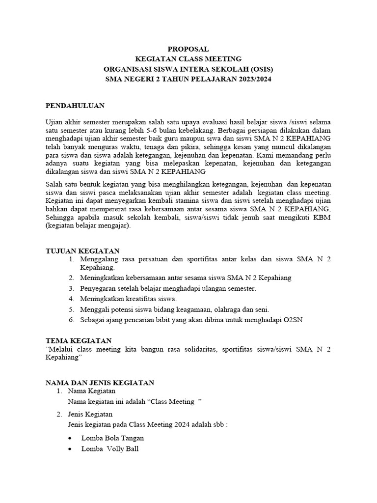 Proposal Kegiatan Osis Class Meeting | PDF