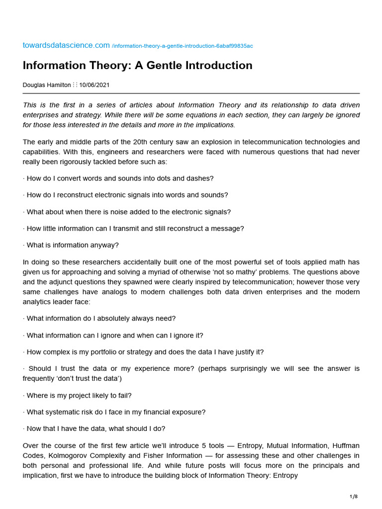 Hamilton - 2021 - Information Theory A Gentle Introduction | PDF ...