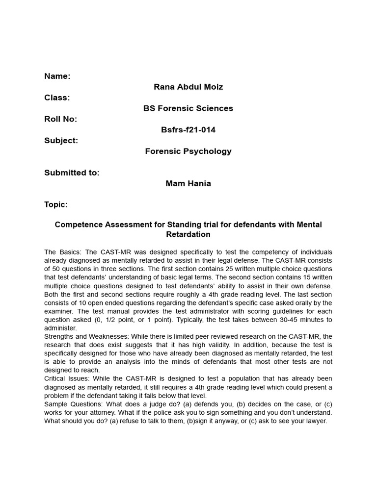 Forensic Psychology Assignment PDF | PDF | Intellectual Disability ...