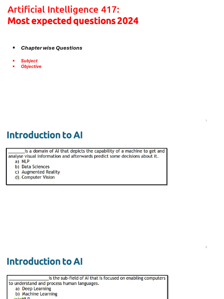 Most Expected Questions 2024 AI 417 Class 10 | PDF | Artificial Intelligence | Intelligence (AI ...