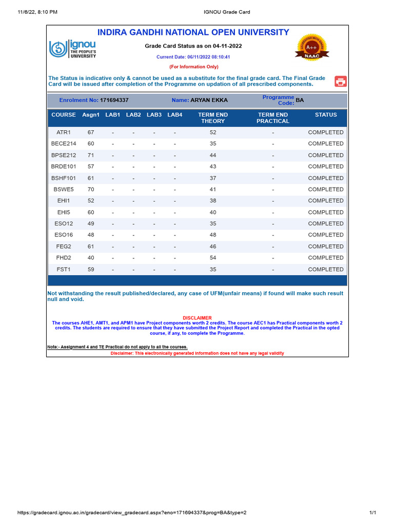 IGNOU Grade Card | PDF