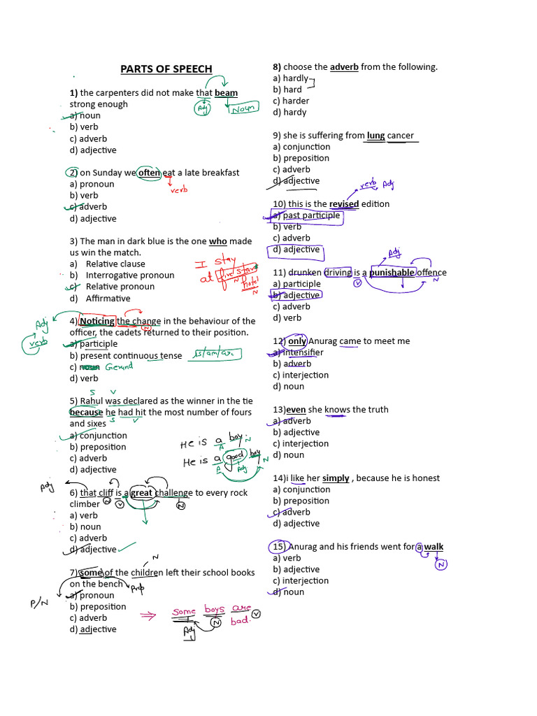 Parts of Speech Practice Test | PDF | Verb | Adverb