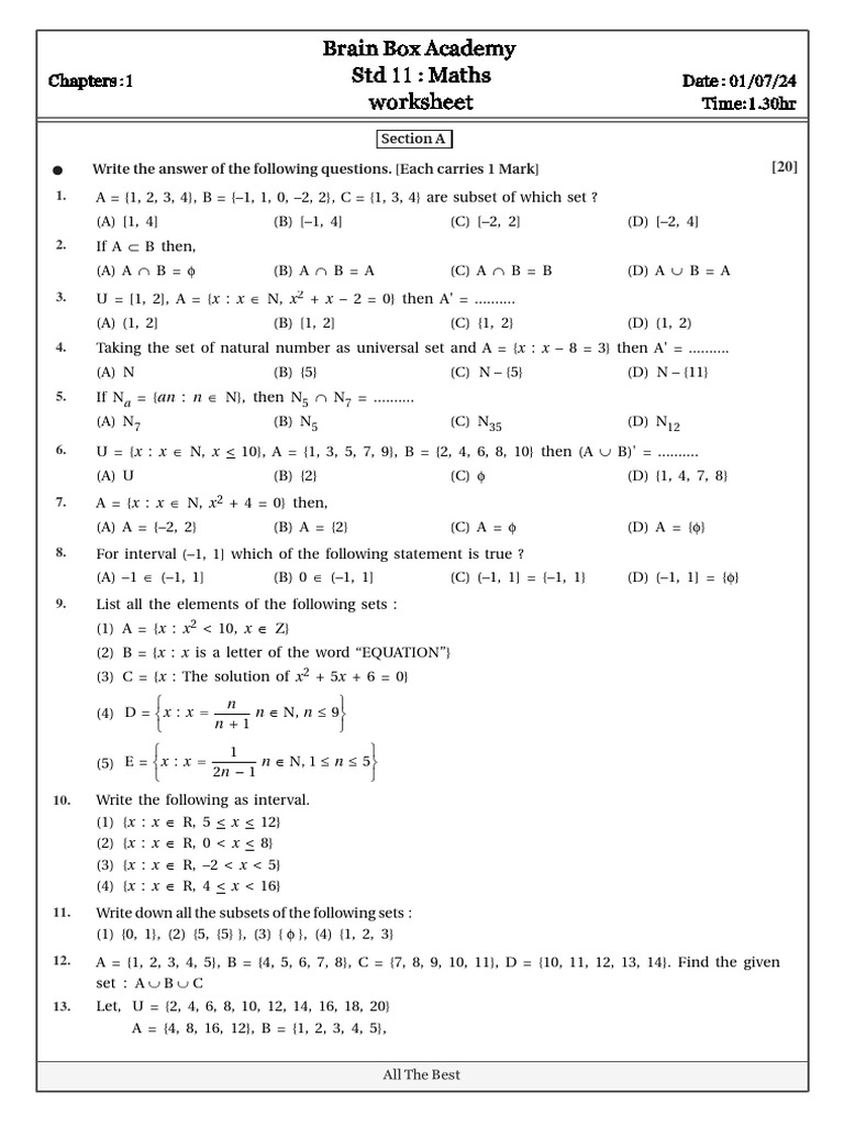 Class 11th Science Math Worksheet - D01-Jul-2024 | PDF
