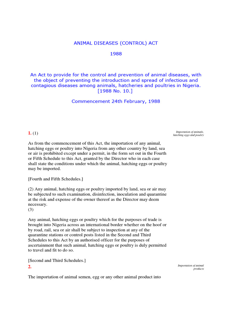 Nigeria Animal Disease Control Act 1988 | PDF | Quarantine | Animal ...