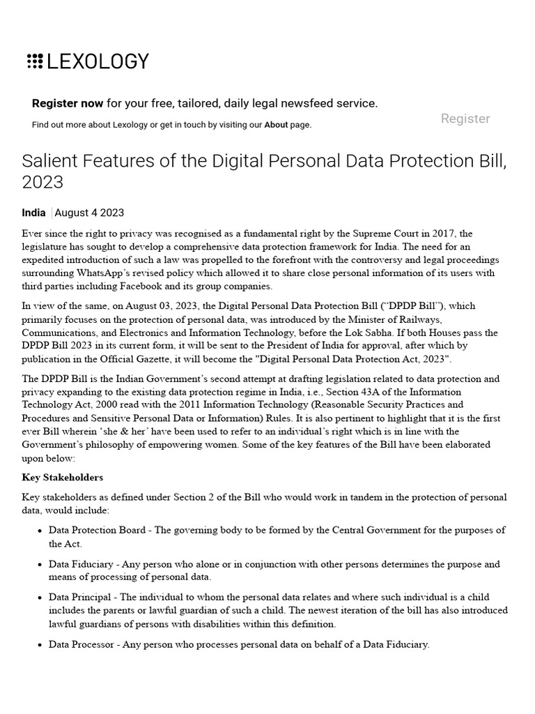 Salient Features of The Digital Personal Data Protection Bill, 2023 - Lexology | PDF | Fiduciary ...